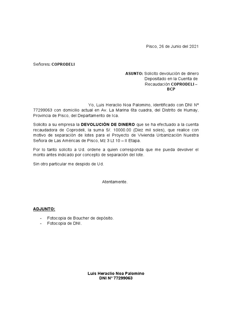 Modelo Carta para Pedir Devolucion - BCP | PDF