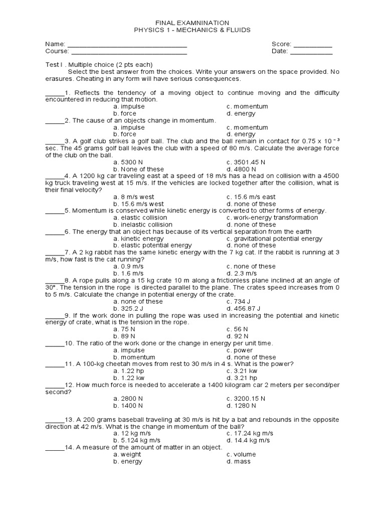 Physics 1 2016 Finals | PDF | Collision | Momentum