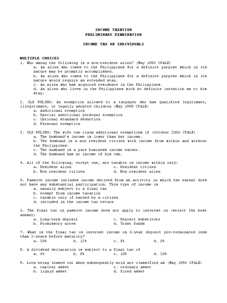 Income Taxation Preliminary Exam Guide | PDF | Taxes | Tax Exemption