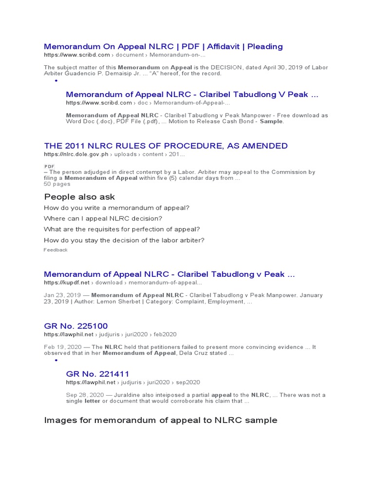 NLRC Memorandum of Appeal Guide | PDF