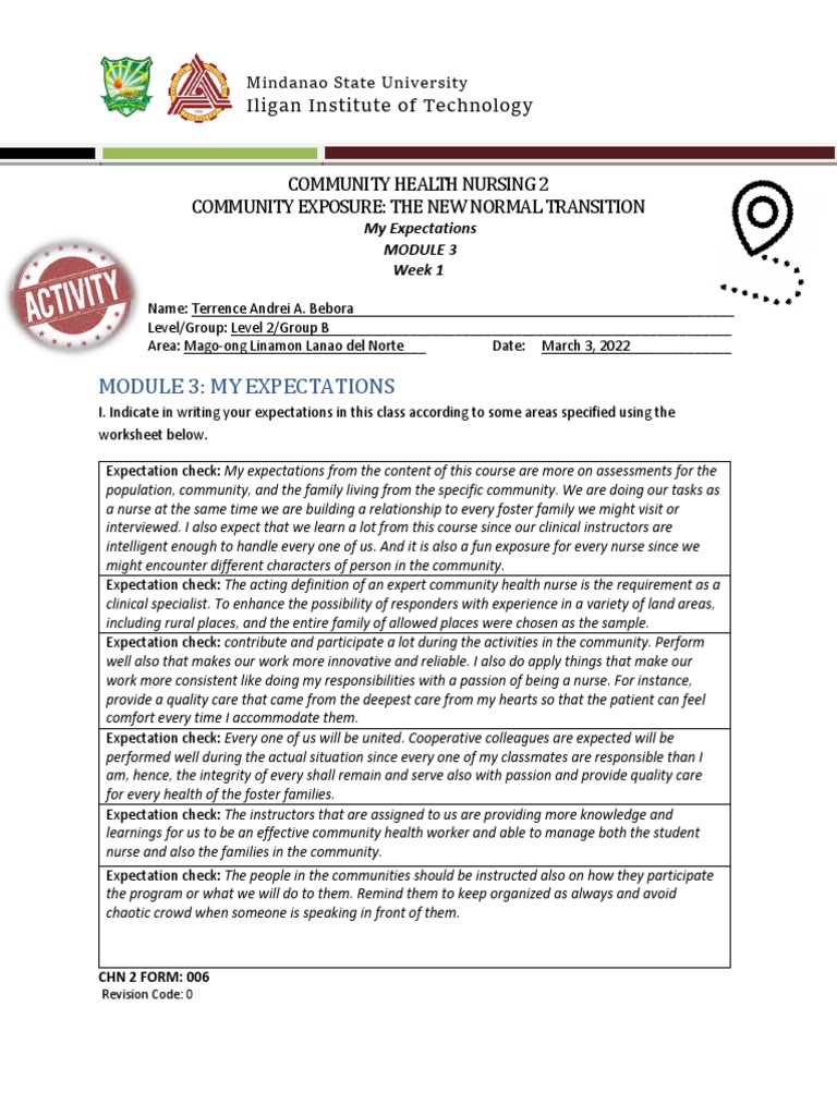 BEBORA - Module 3 WORKSHEET CHN 2 | PDF | Nursing | Cognition