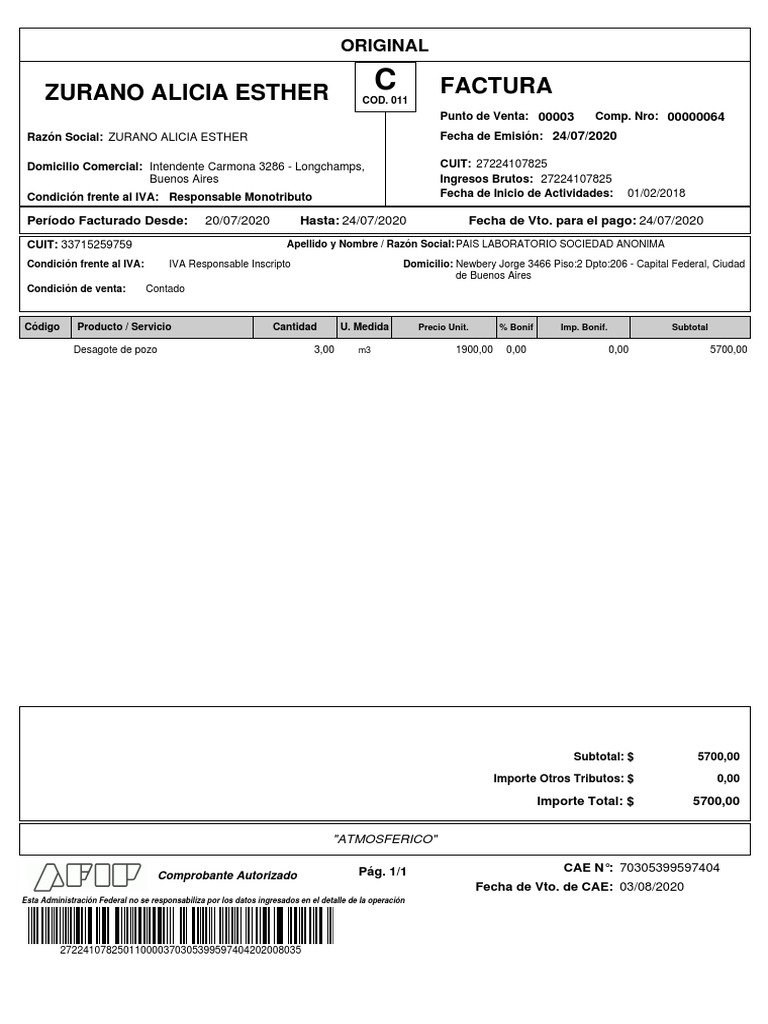 Factura de Desagote de Pozo | PDF