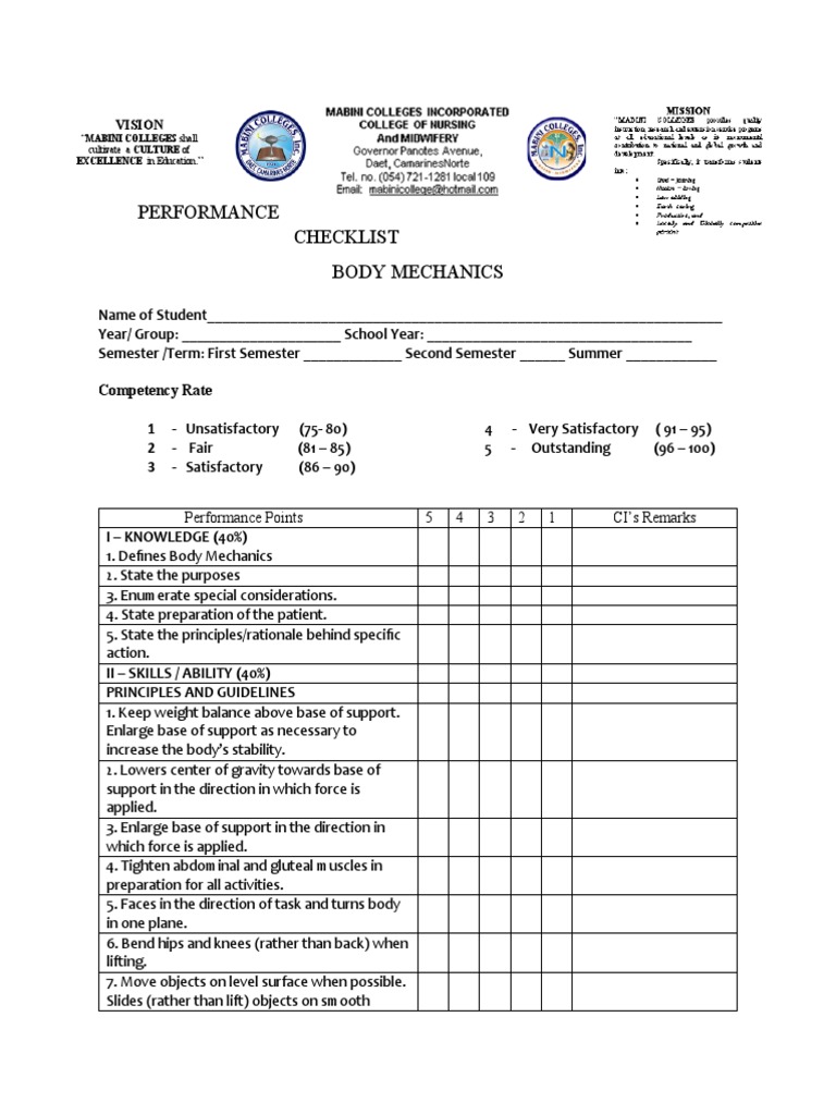 Body Mechanics Checklist | PDF | Anatomical Terms Of Motion | Anatomy