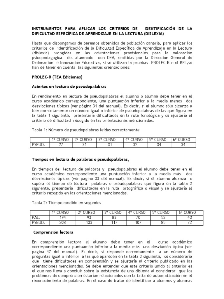 Criterios Prolec R Bel | Dislexia | Cognición