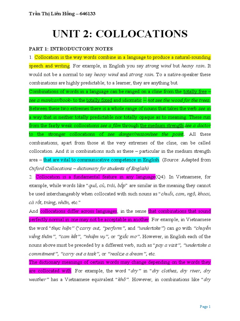 Unit 2 - Collocations | PDF | English Language | Linguistics