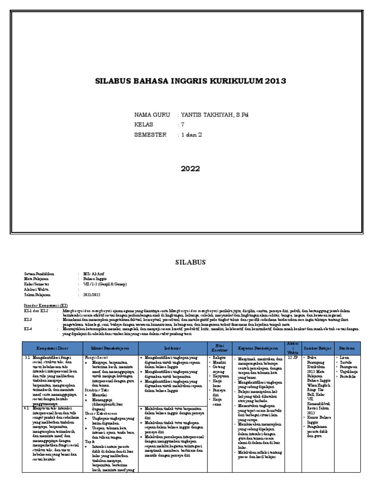 Silabus Bahasa Inggris Kelas 7 (Format 8 Kolom) | PDF