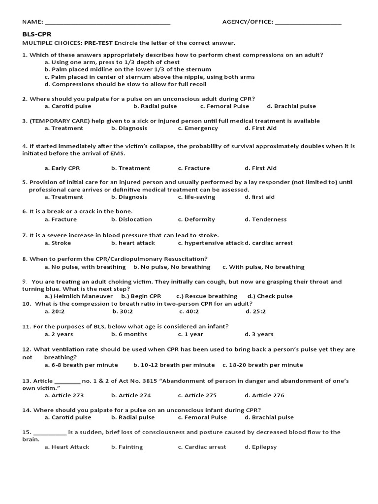 Pre-Test BLS | Download Free PDF | Cardiopulmonary Resuscitation ...