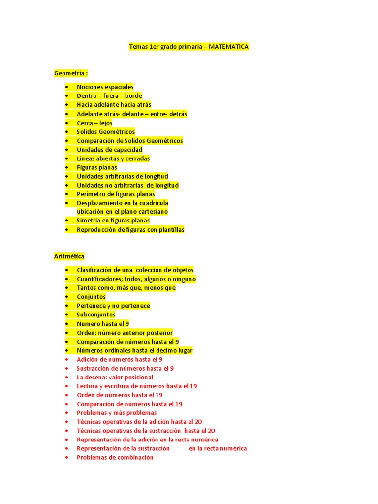 Temas de Matemáticas para 1er Grado | PDF | Sustracción | Geometría