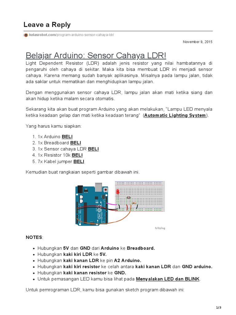 Belajar Arduino - Sensor Cahaya LDR | PDF