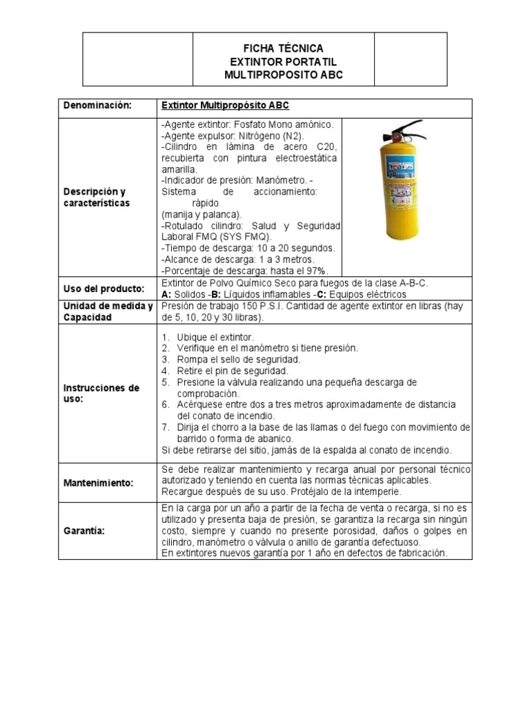 Ficha Técnica del Extintor ABC | PDF