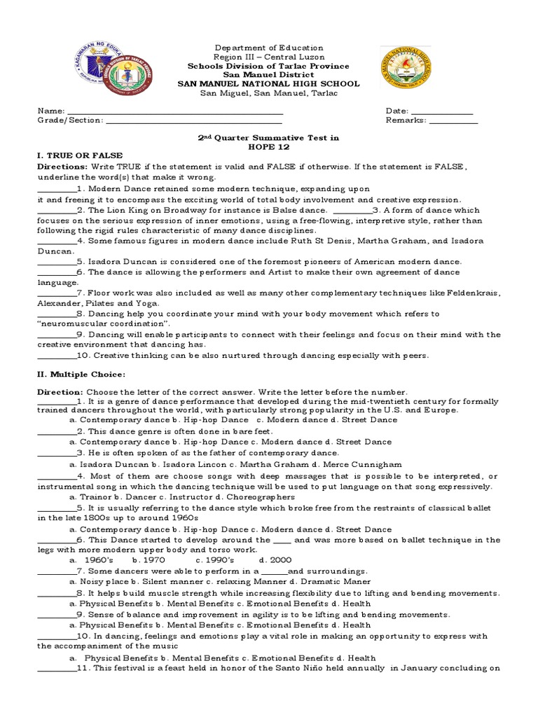 2nd Quarter Assessment Test HOPE 12 | PDF | Dances