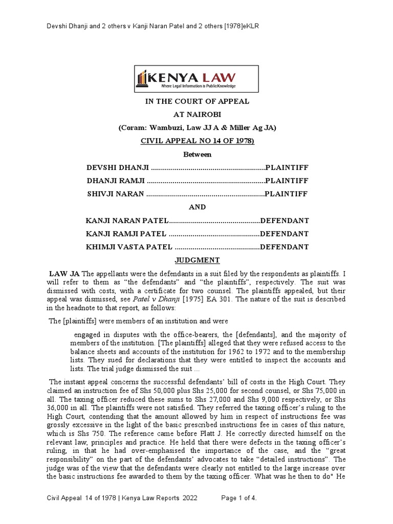 Devshi Dhanji and 2 Others V Kanji Naran Patel and 2 Others (1978) eKLR | PDF | Lawsuit ...