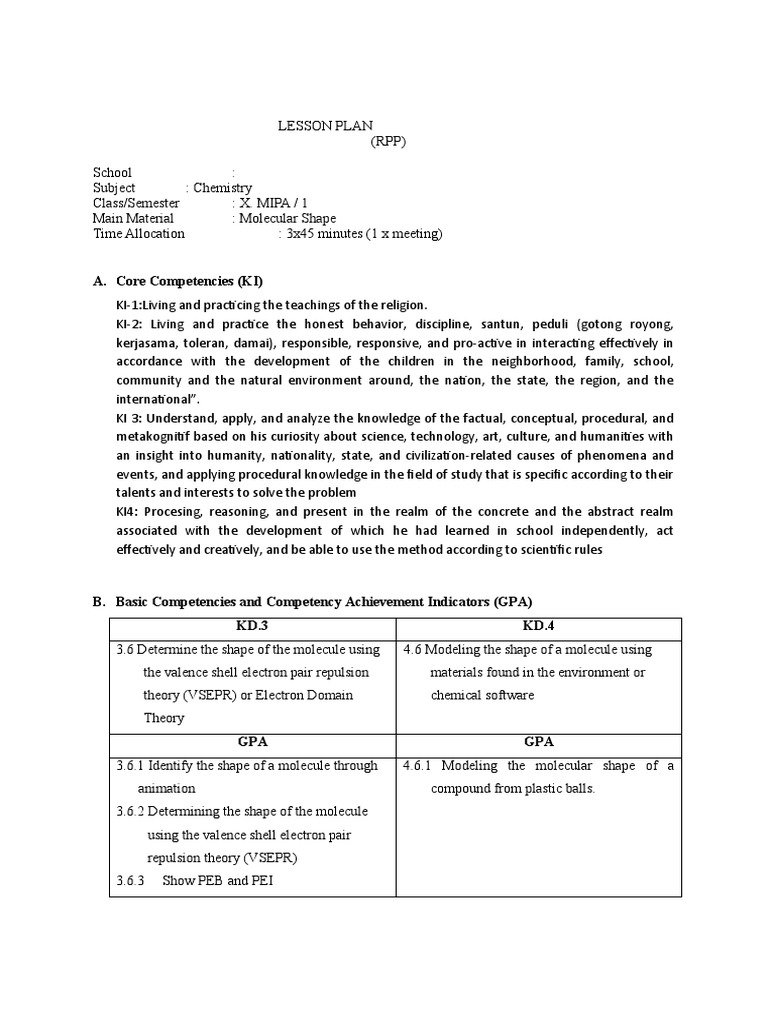 Lesson Plan Chemistry KD 3.6 Class X Batch 1 Izzatul Ummah | PDF | Chemical Bond | Covalent Bond