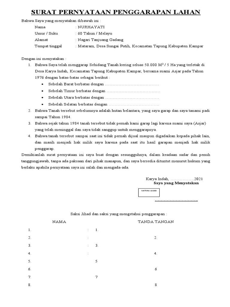 SURAT PERNYATAAN Penggarapan Lahan | PDF