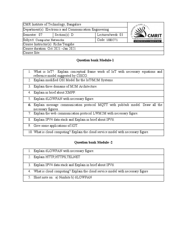 Question Bank Module-1: Computer Networks 18EC71 | PDF | Wireless ...