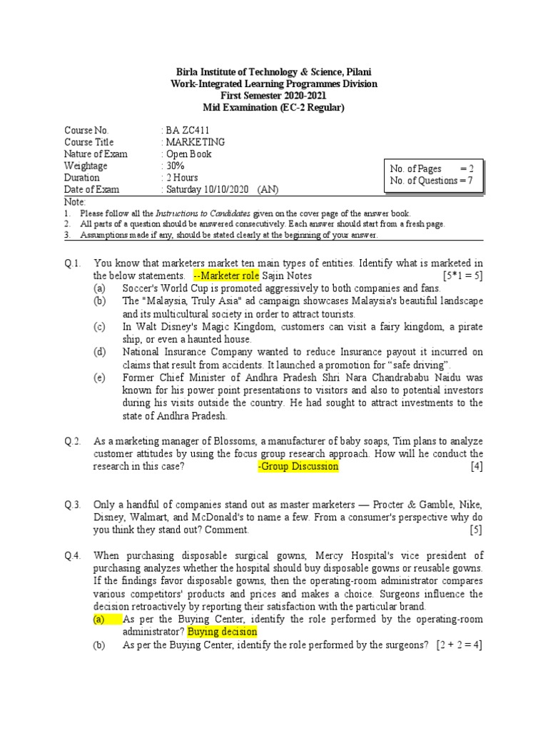 BITS Pilani Marketing Exam Questions 2020 | PDF | Grocery Store ...
