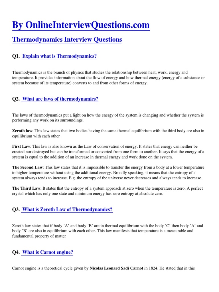 Thermodynamics Interview Questions: Explain What Is Thermodynamics? | PDF | Laws Of ...