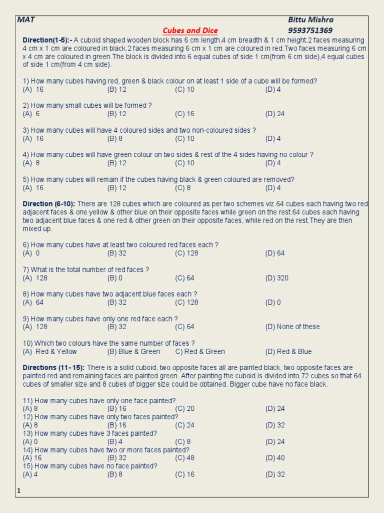 L-4 Cubes and Dice Practice Questions | PDF | Length | Blue