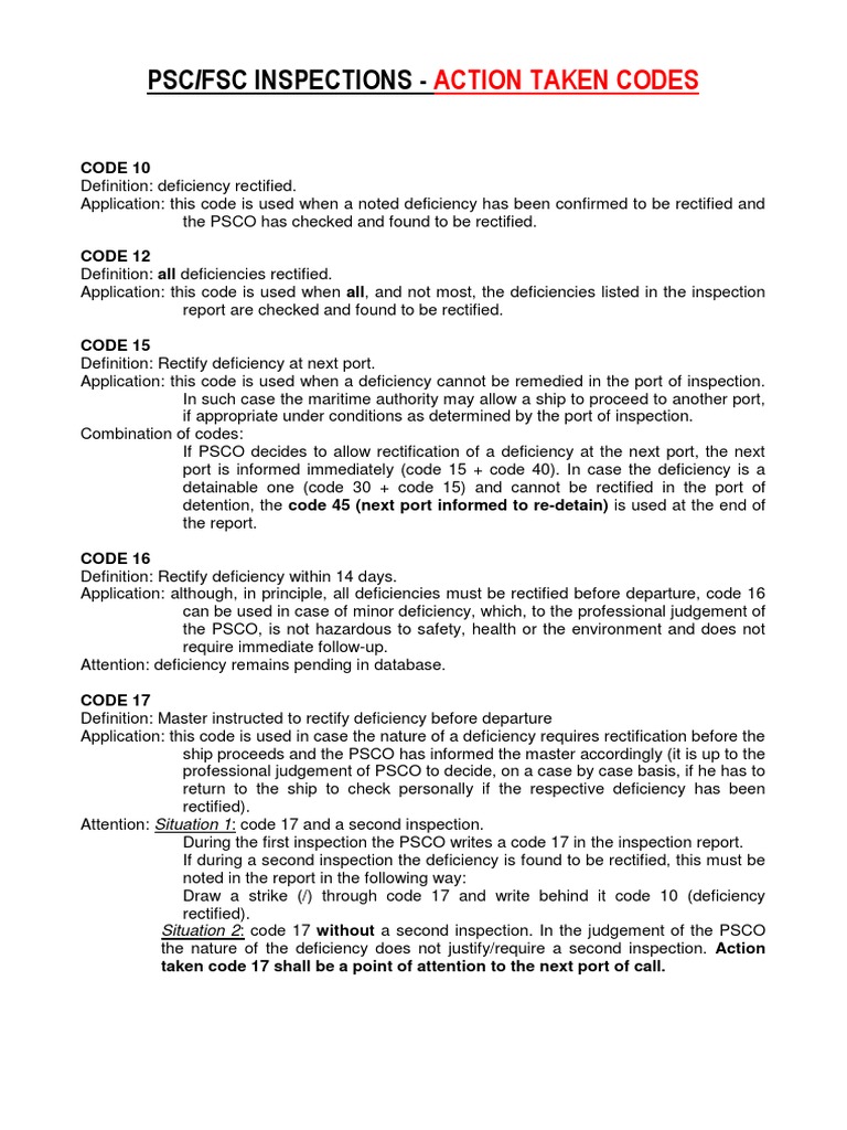 PSC & FSC Inspections - Action Taken Codes | PDF | Justice | Crime ...