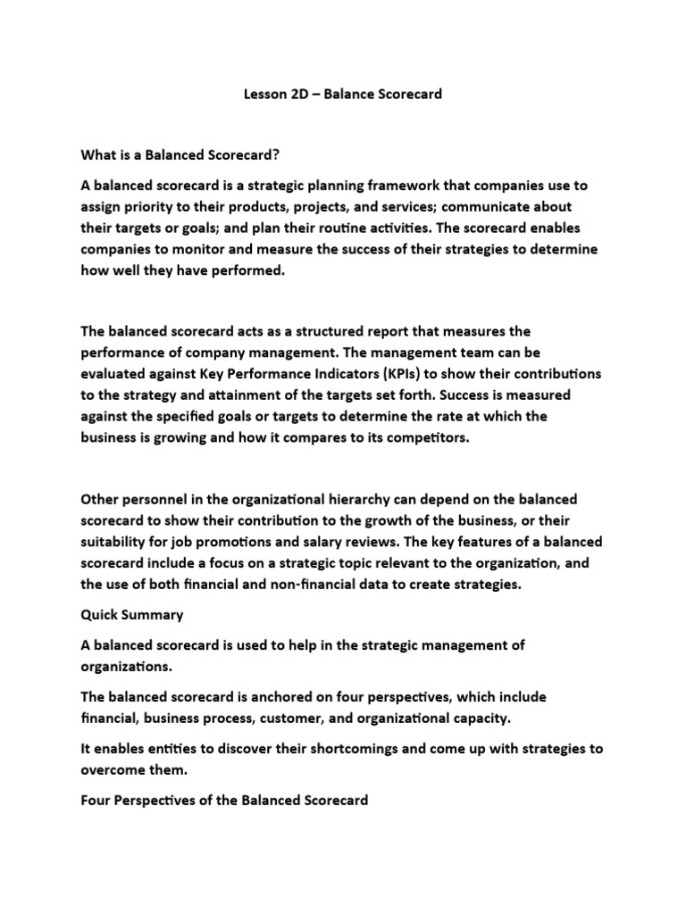 Lesson 2D Balance Scorecard | PDF | Goal | Customer