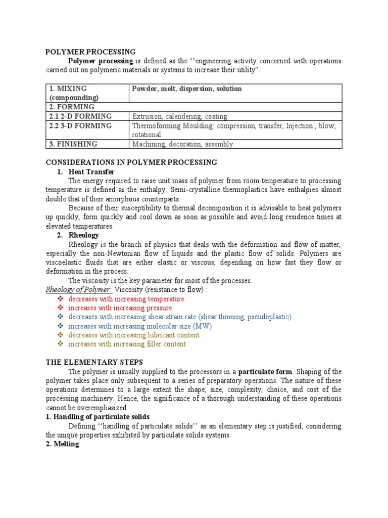 POLYMER PROCESSING Handout | PDF | Copolymer | Polymers