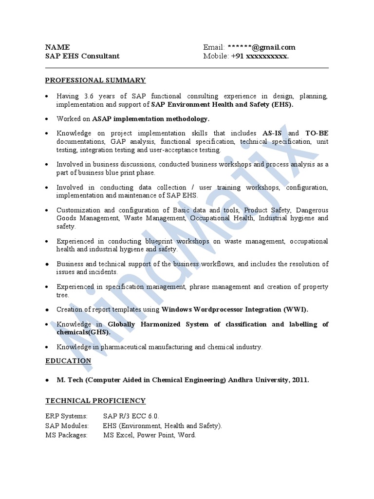 SAP EHS Sample Resume 3 | PDF | Occupational Hygiene | Occupational ...