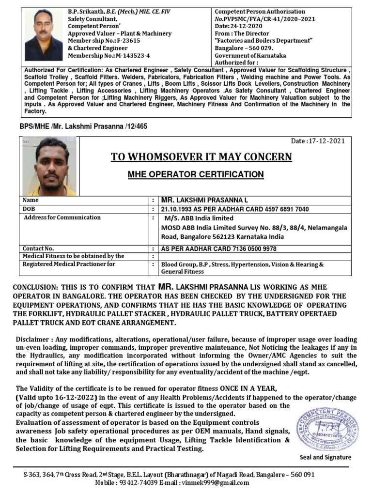 MHE Operator Certification - LAKSHMI PRASANNA L - 465 | PDF | Forklift ...