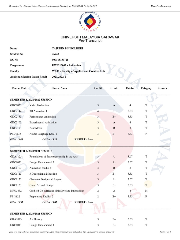 Universiti Malaysia Sarawak Pre-Transcript | PDF | Computing