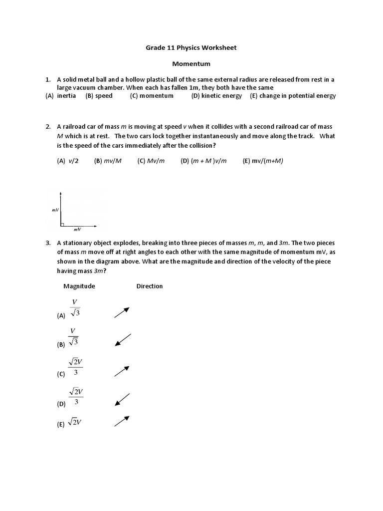 Grade 11 Physics Worksheet Momentum | PDF | Momentum | Collision