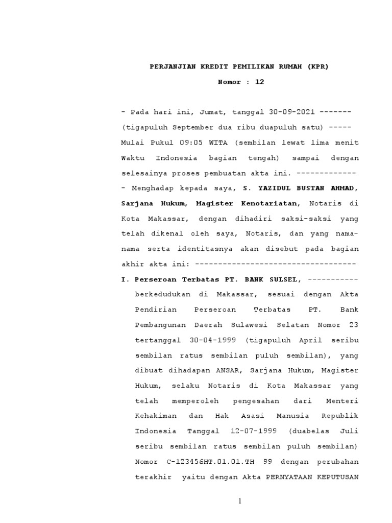 Perjanjian KPR Bank Sulsel 2021 | PDF