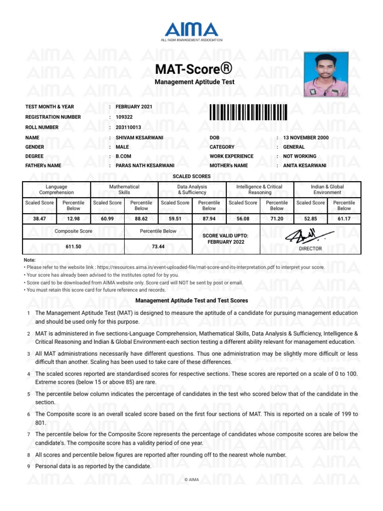 MAT-Score: Management Aptitude Test | PDF | Percentile | Test (Assessment)