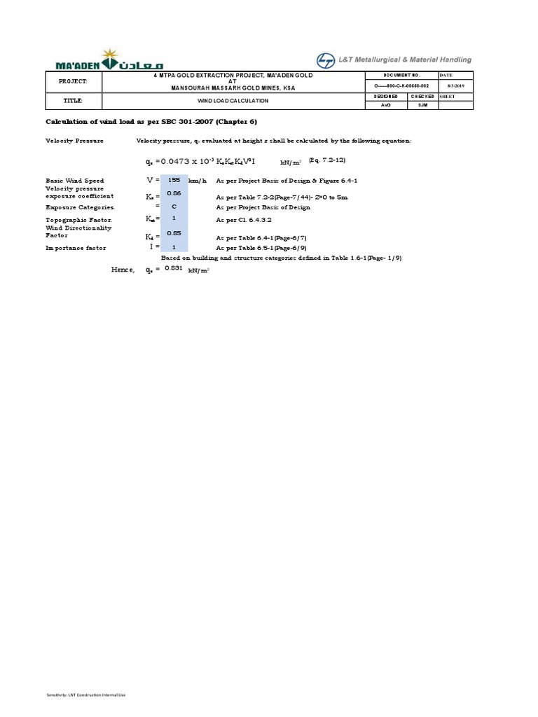 V Q 0.0473 X 10 K K K V I: Calculation of Wind Load As Per SBC 301-2007 ...