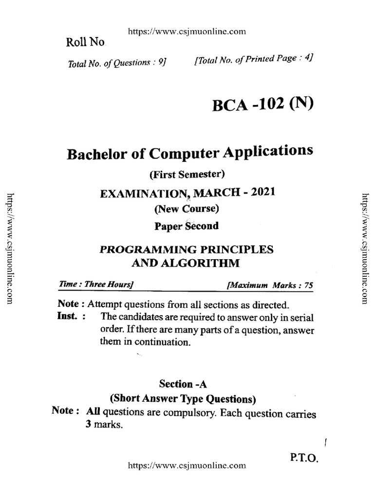 Bca 1 Sem Programming Principles and Algorithm Bca 102 N Mar 2021 | PDF