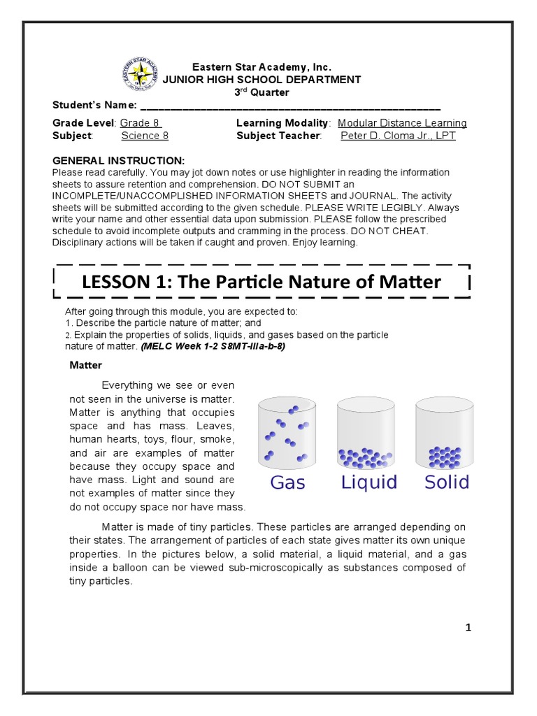 LESSON 1: The Particle Nature of Matter | PDF | Gases | Liquids