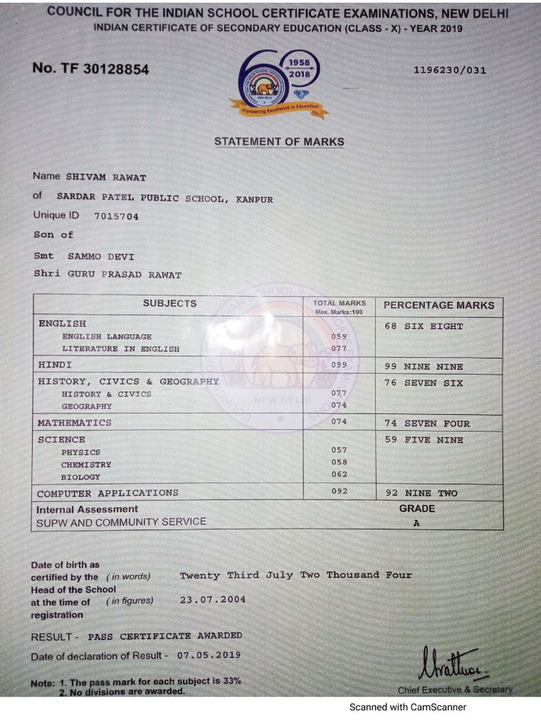 Shivam Class 10th Marksheet | PDF