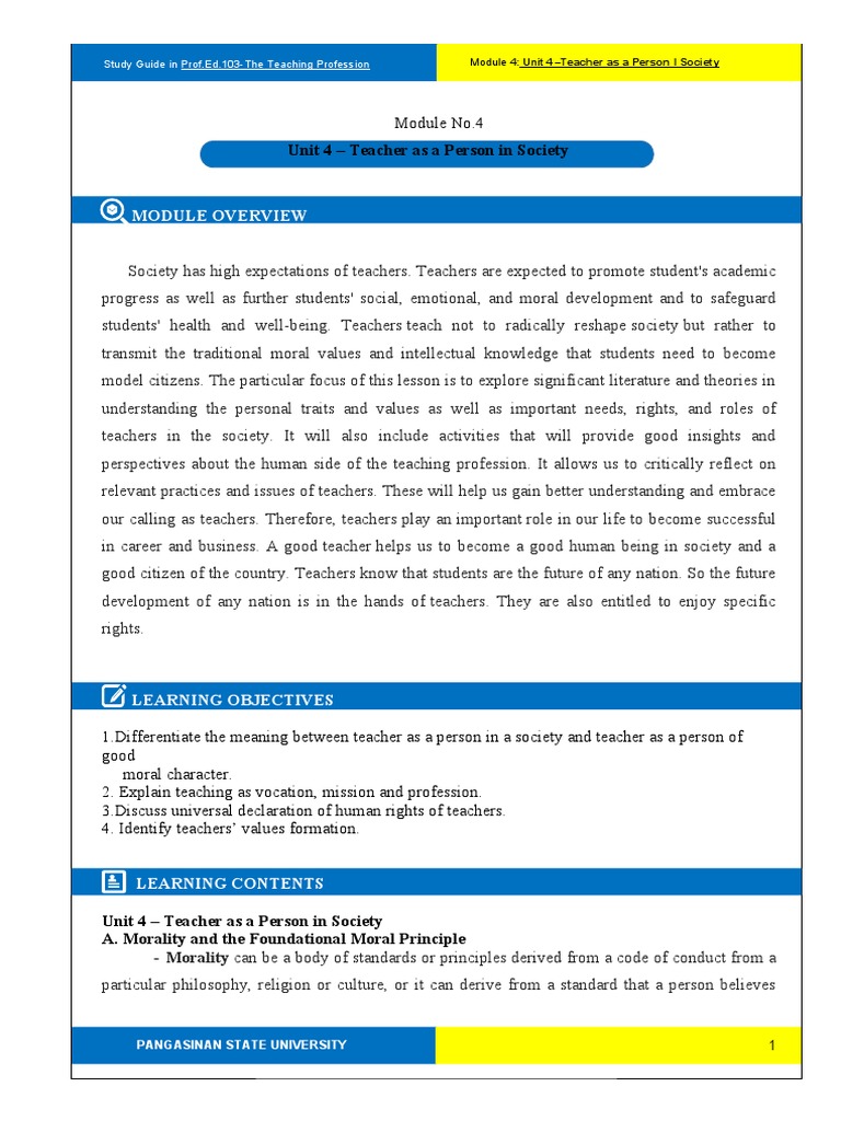 Module Overview: Unit 4 - Teacher As A Person in Society | PDF | Teachers | Morality