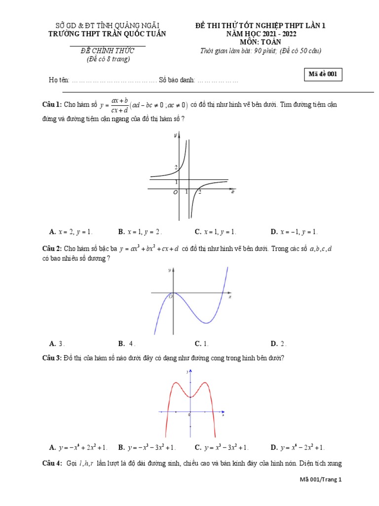 De Thi Thu Toan TN THPT 2022 Lan 1 Truong THPT Tran Quoc Tuan Quang Ngai | PDF