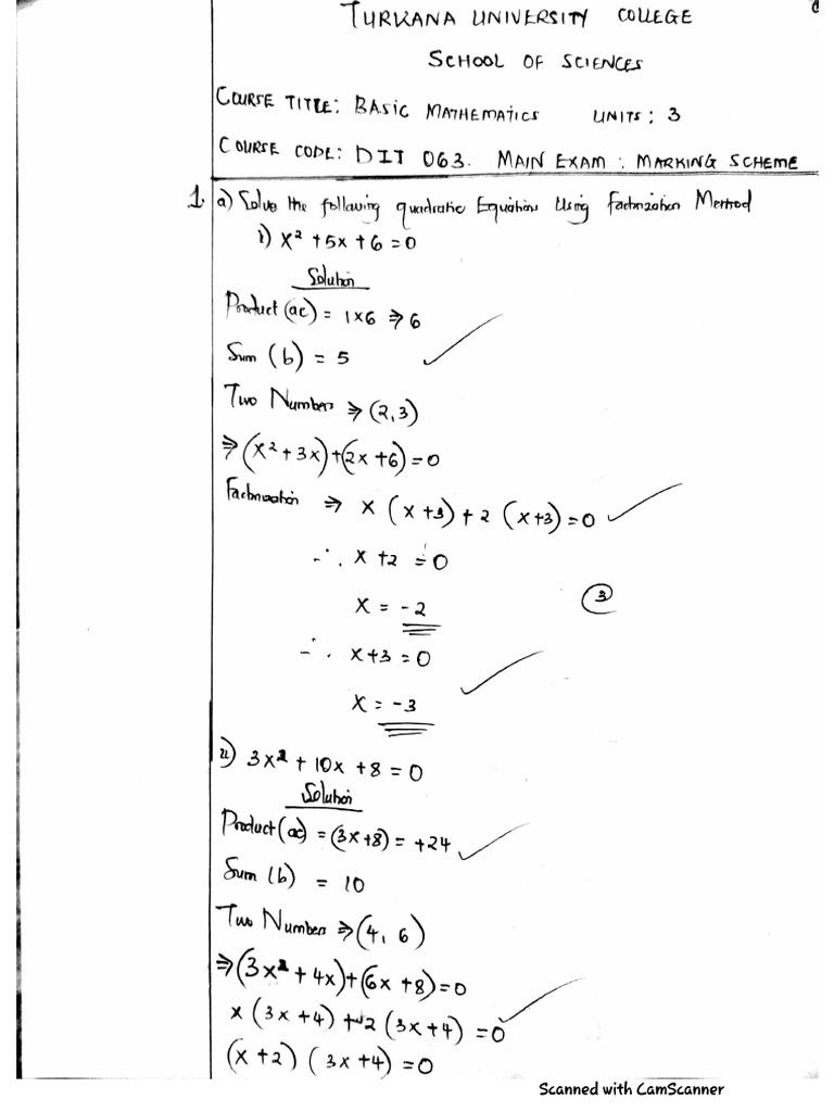 Dit 063 Basic Mathematics Main Exam Marking Scheme | PDF