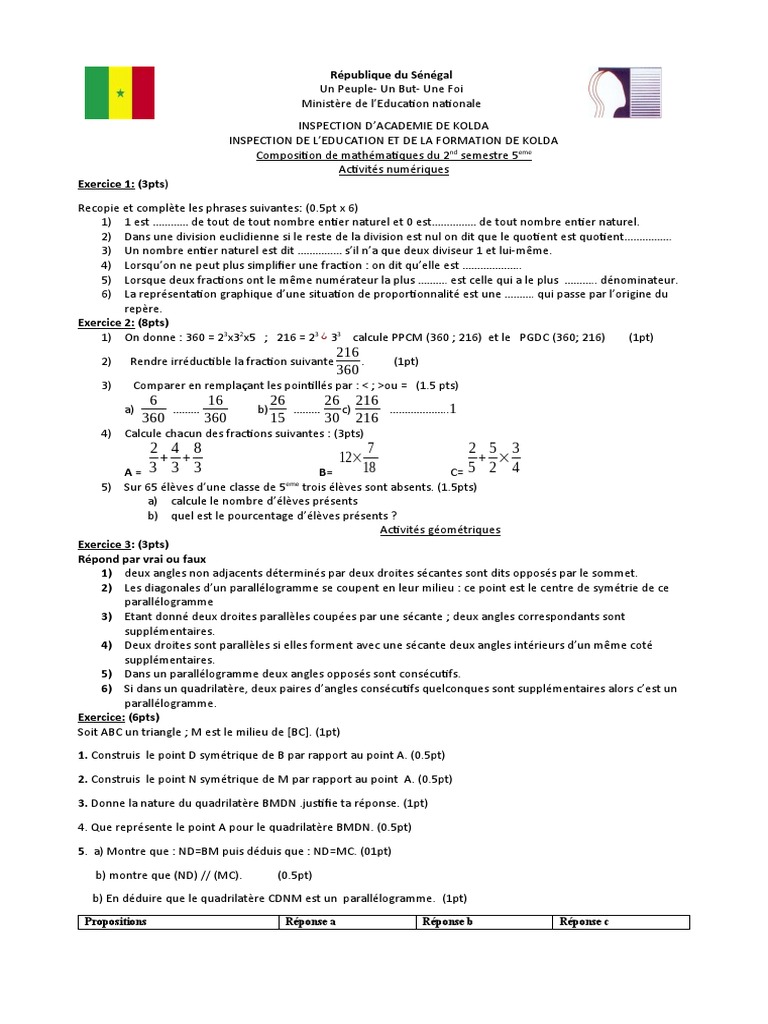 Composition 5eme Et 6eme 4eme 2021 MATHS Du 2nd Semestre | PDF ...