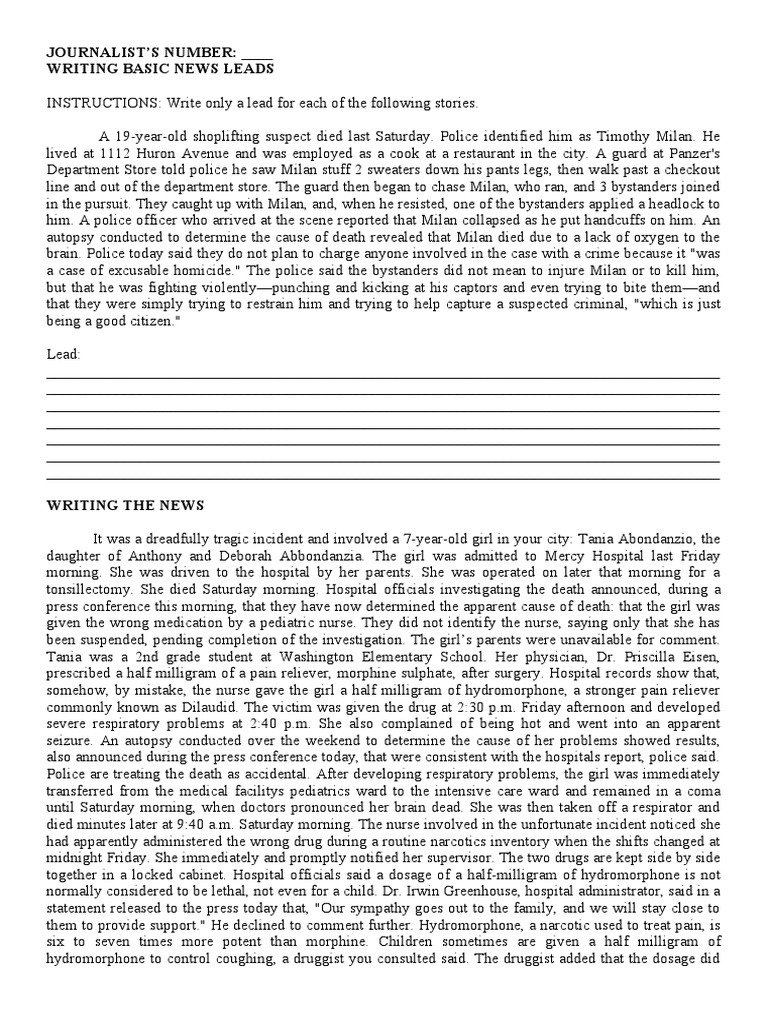 Journalist'S Number: - Writing Basic News Leads | PDF | Clinical Medicine