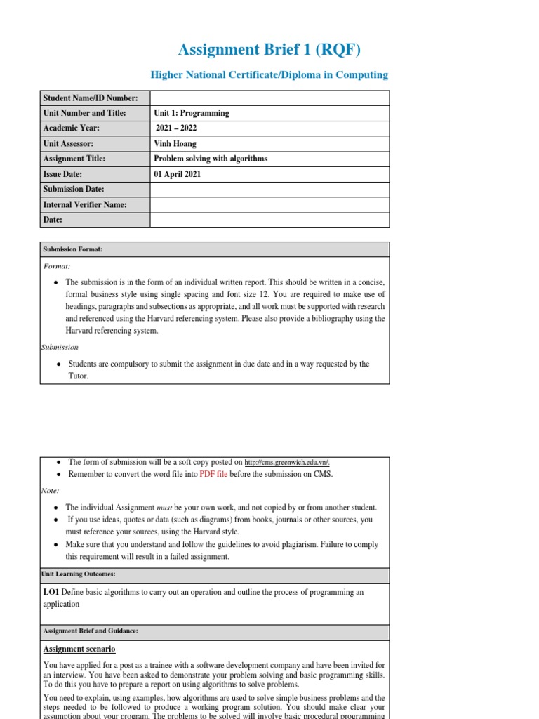Assignment Brief 1 (RQF) : Higher National Certificate/Diploma in ...