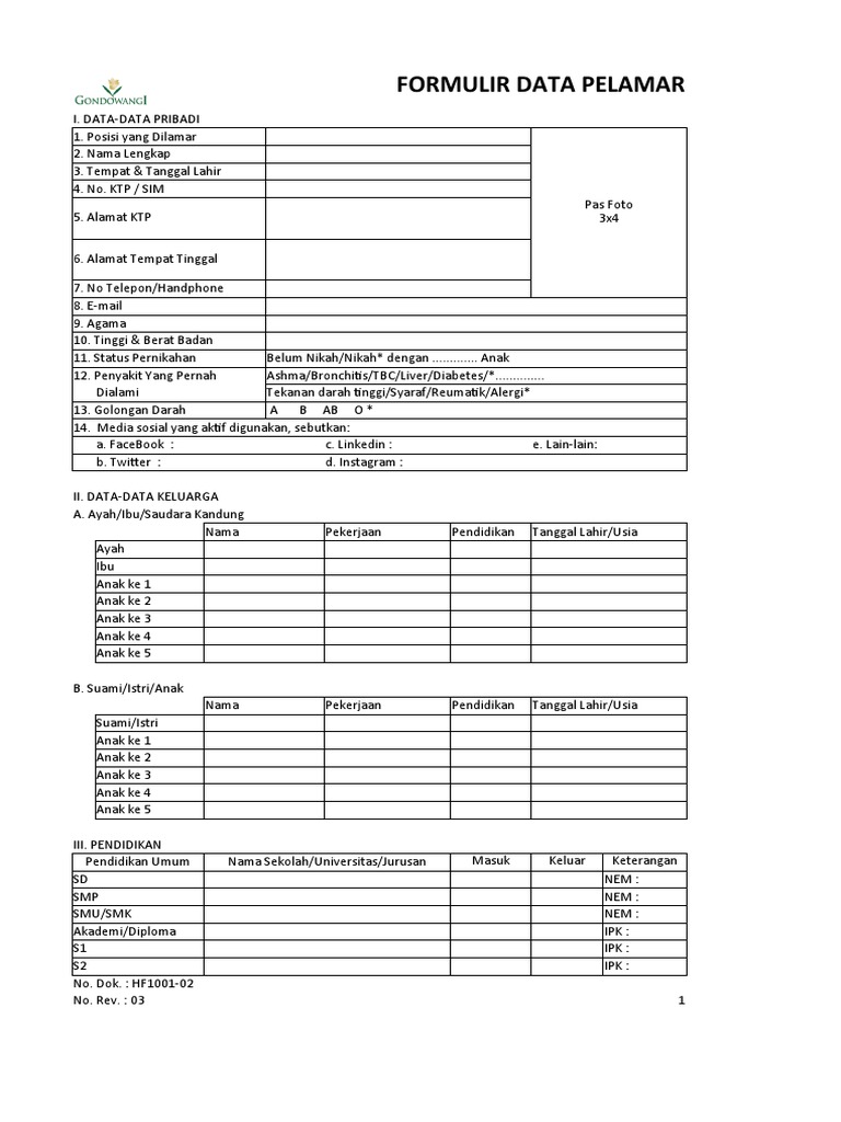 Form Data Pelamar | PDF