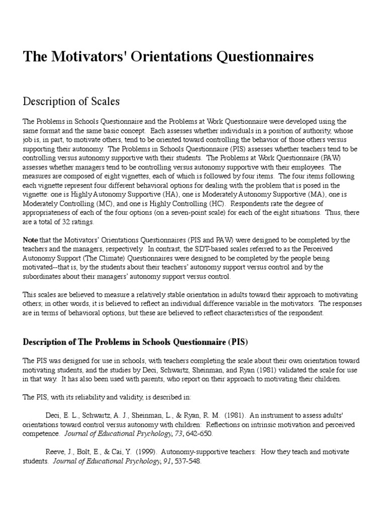 The Motivators' Orientations Questionnaires: Description of Scales ...
