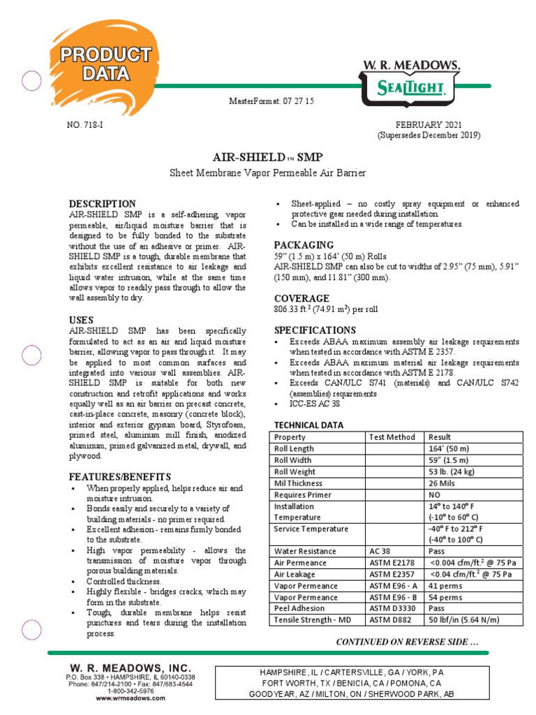 Air-Shield SMP: Sheet Membrane Vapor Permeable Air Barrier | PDF ...