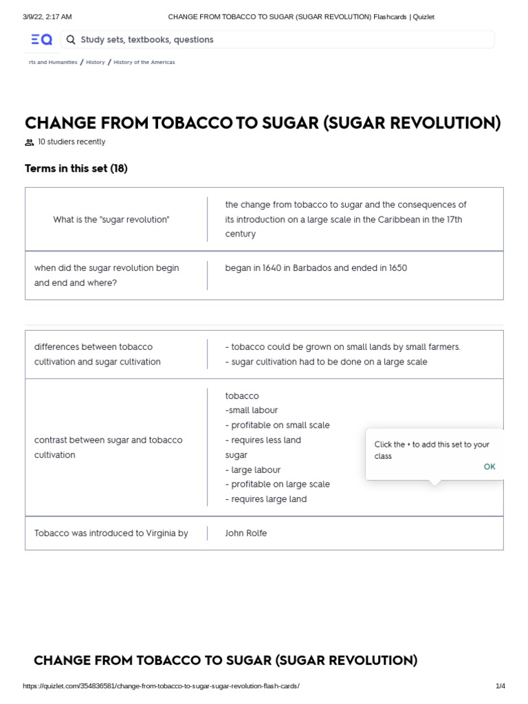 Change From Tobacco To Sugar (Sugar Revolution) : Terms in This Set ...