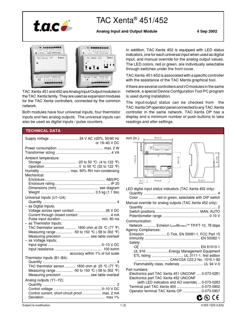 TAC Xenta 451/452: Analog Input and Output Module 4 Sep 2002 | PDF ...