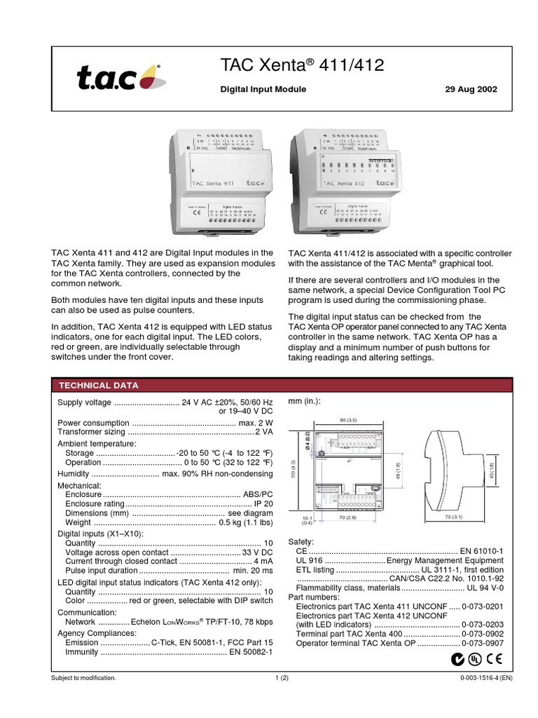 TAC Xenta 411/412: Digital Input Module 29 Aug 2002 | PDF | Network ...