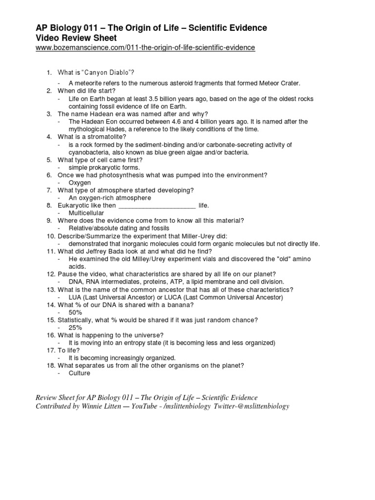 AP Biology 011 - The Origin of Life - Scientific Evidence Video Review Sheet | PDF | Life ...
