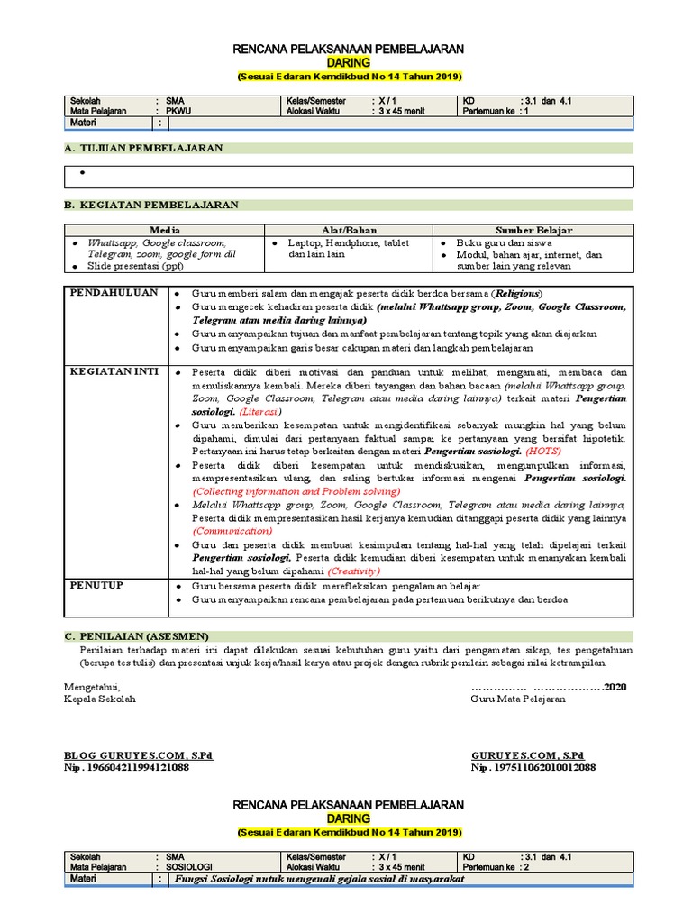 Sip RPP Daring Sosiologi X | PDF