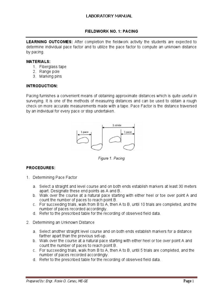Laboratory Manual in Surveying 1 Fieldwork No. 1: Pacing LEARNING ...
